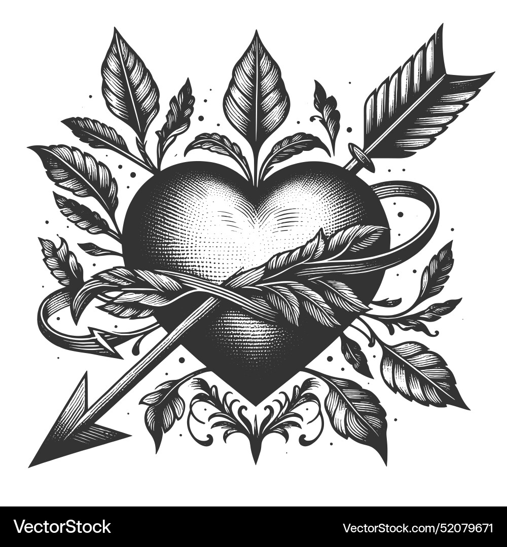 Heart with arrow and leaves Royalty Free Vector Image