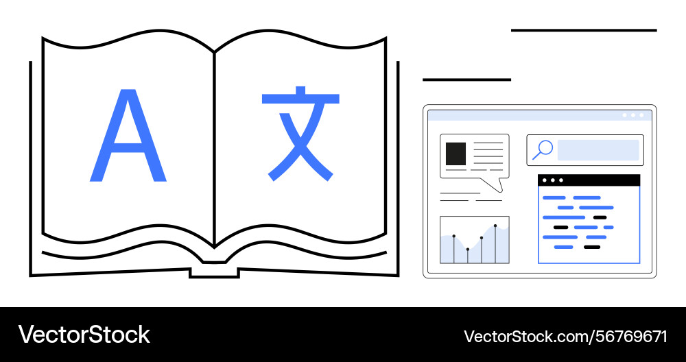 Open book with multilingual characters beside Vector Image
