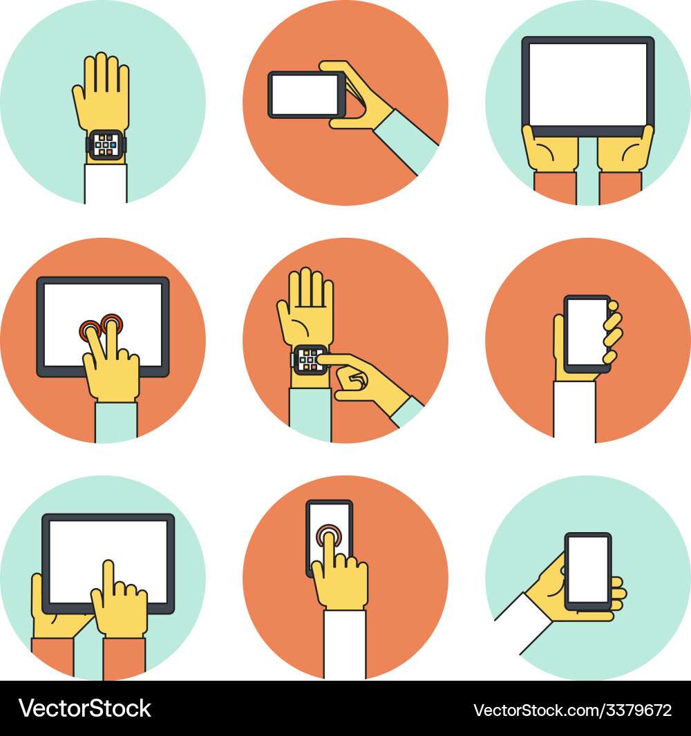Hands holding touch screen devices icons Vector Image