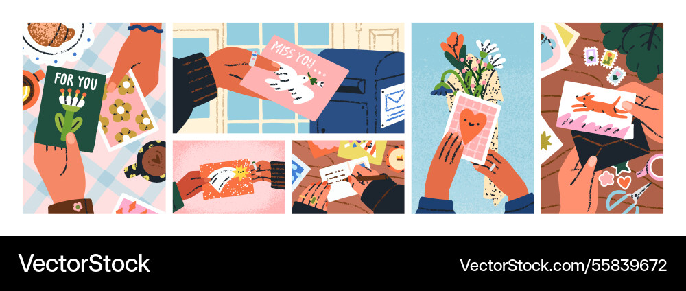 Sending and receiving postcards holding greeting Vector Image