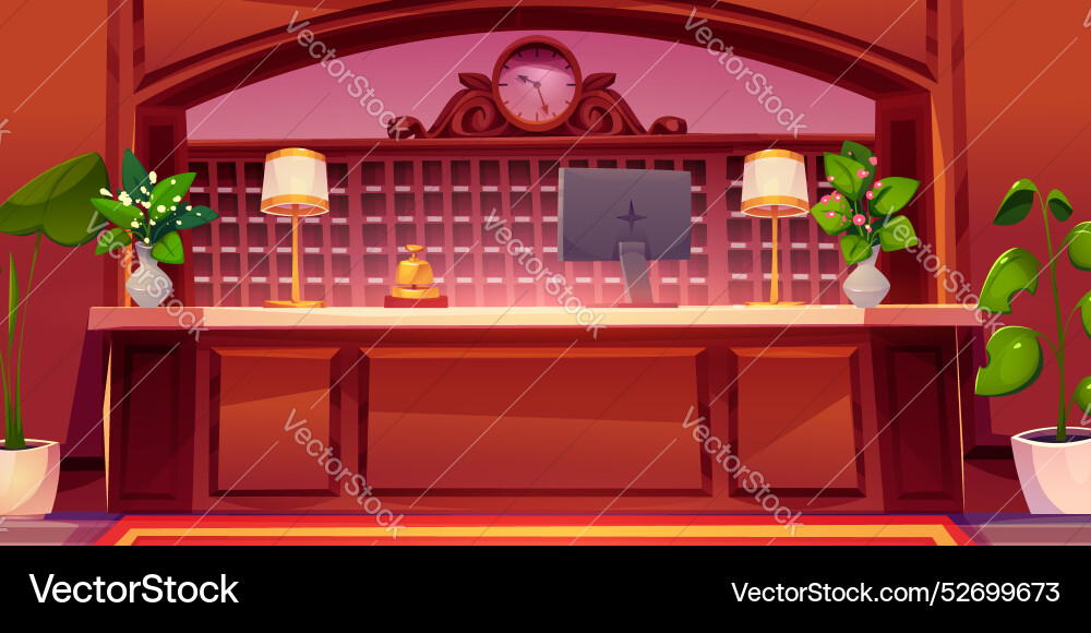 Hotel lobby interior with wooden reception counter