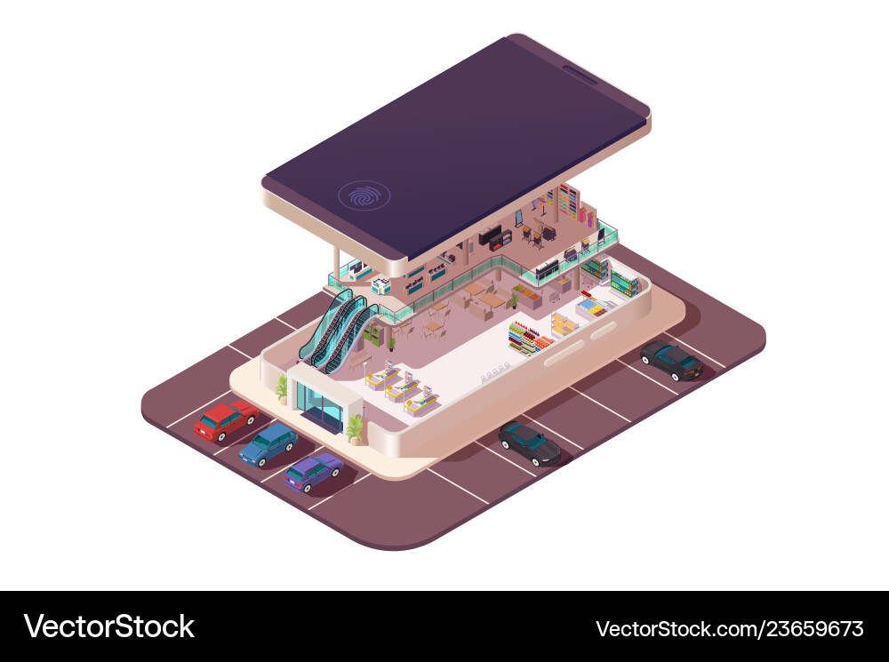 Isometric 3d shopping center assembly Royalty Free Vector