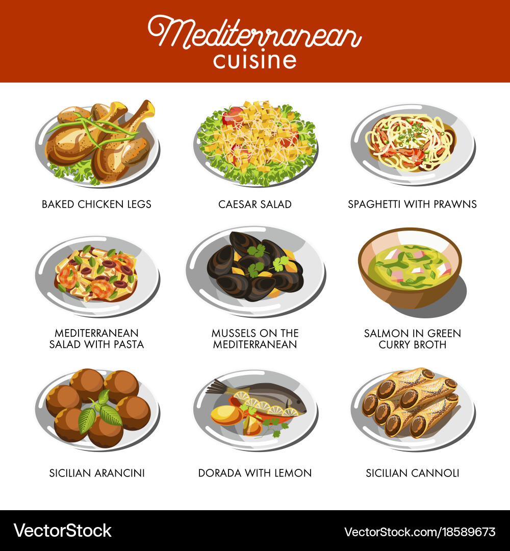 Mediterranean cuisine food traditional dishes Vector Image