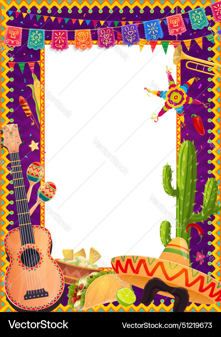 Mexican holiday frame with guitar food and flags Vector Image