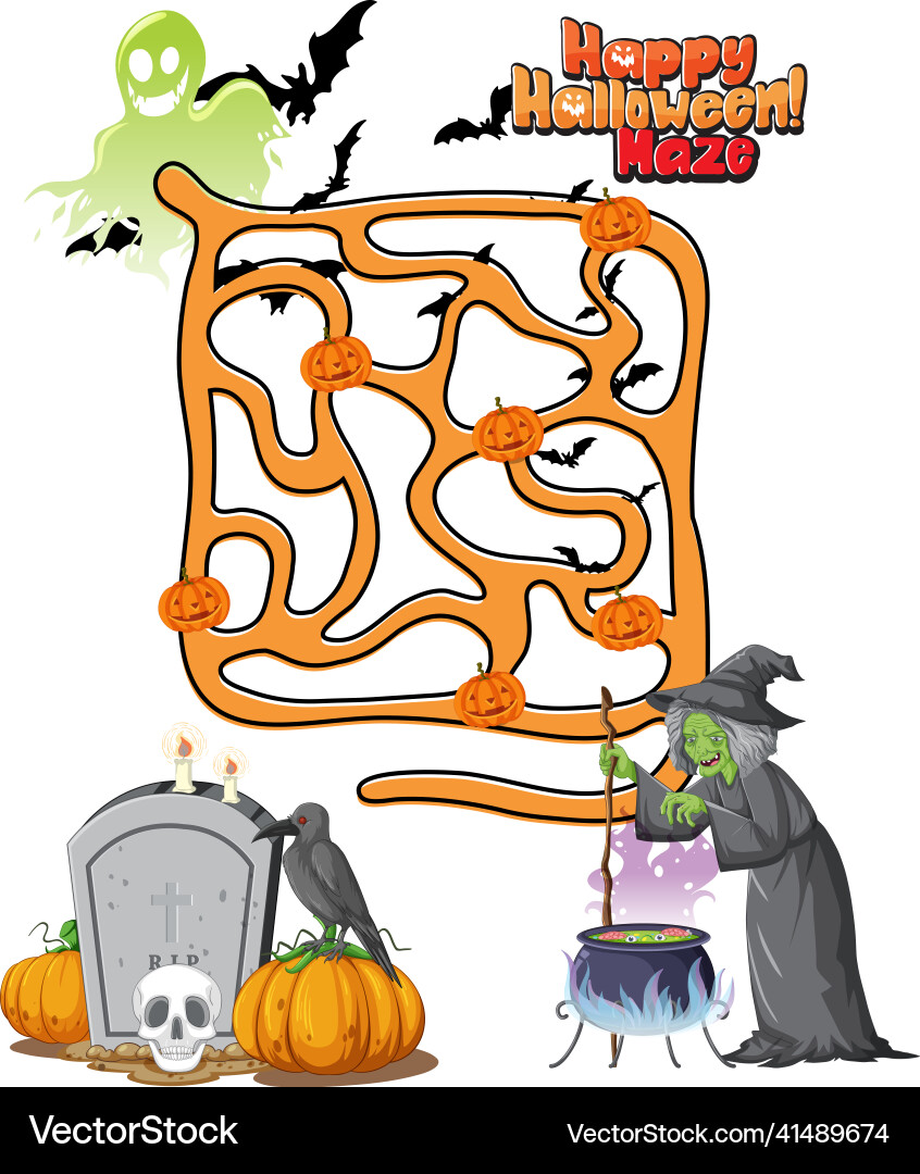 Maze game template in halloween theme Royalty Free Vector