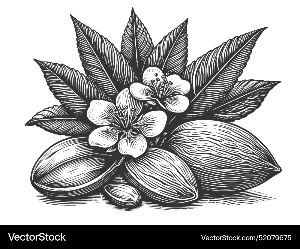 Almonds with leaves and blossom engraving Vector Image