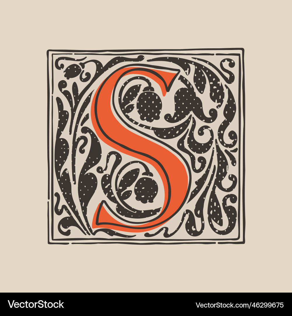 S letter drop cap logo in medieval engraving Vector Image
