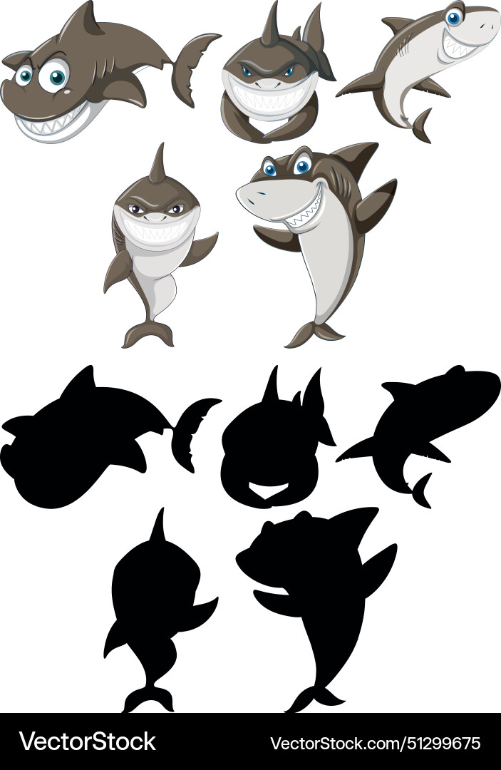 Various cartoon sharks with cheerful expressions Vector Image