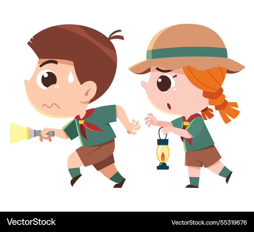 Curious young scouts exploring in the dark Vector Image
