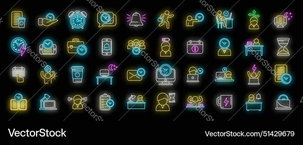 Late work icons set neon Royalty Free Vector Image