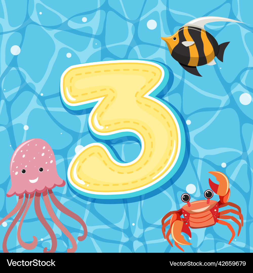 Number three with sea animals Royalty Free Vector Image