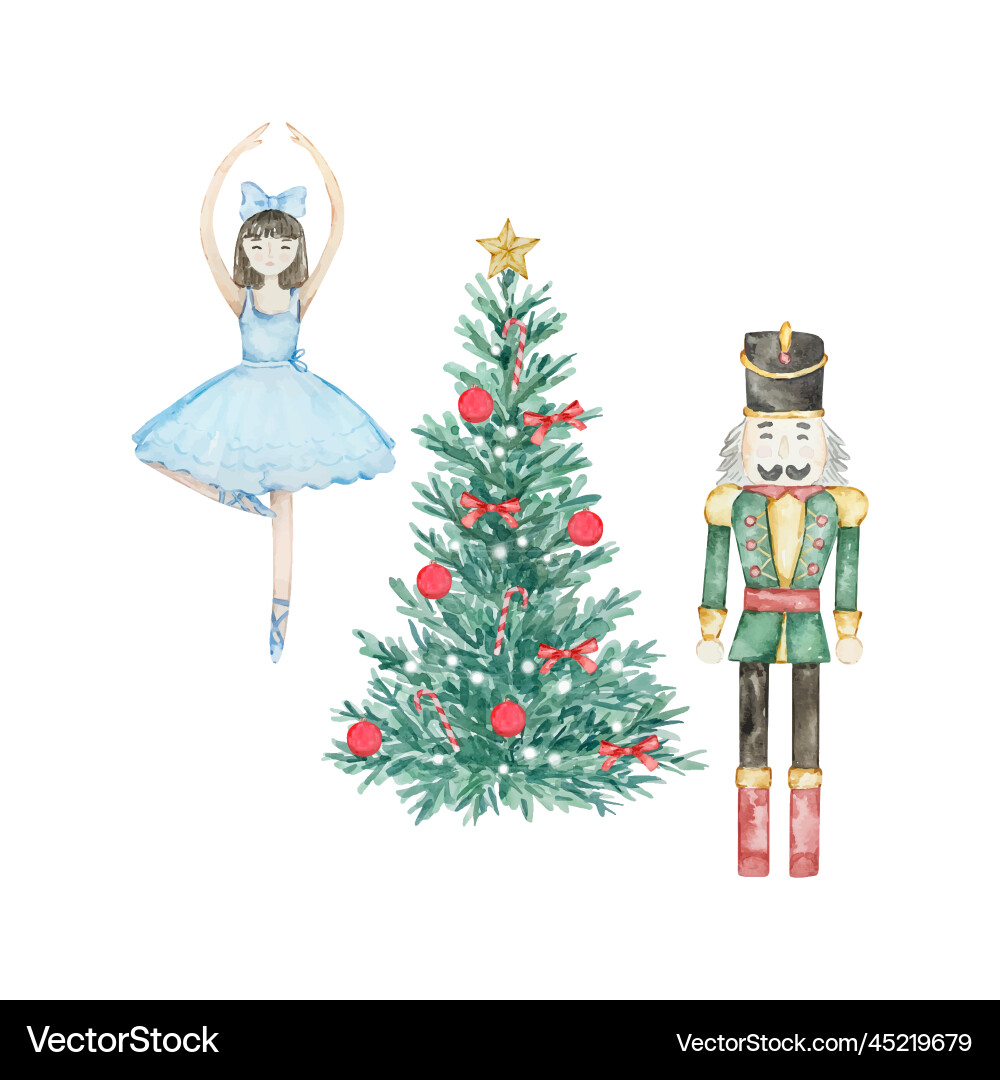 Watercolor nutcracker christmas tree ballerina Vector Image