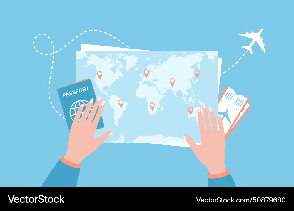 Travel route planning hands on world map with Vector Image