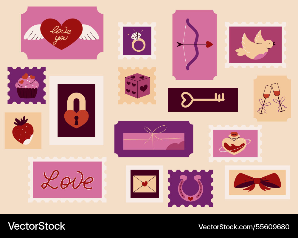 Valentines day romantic stamps collection Vector Image