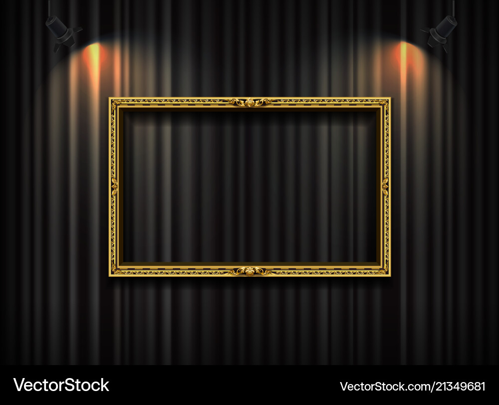 Gold frame with spotlight on curtain background Vector Image