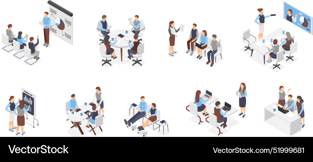 Isometric office scenes business people Royalty Free Vector