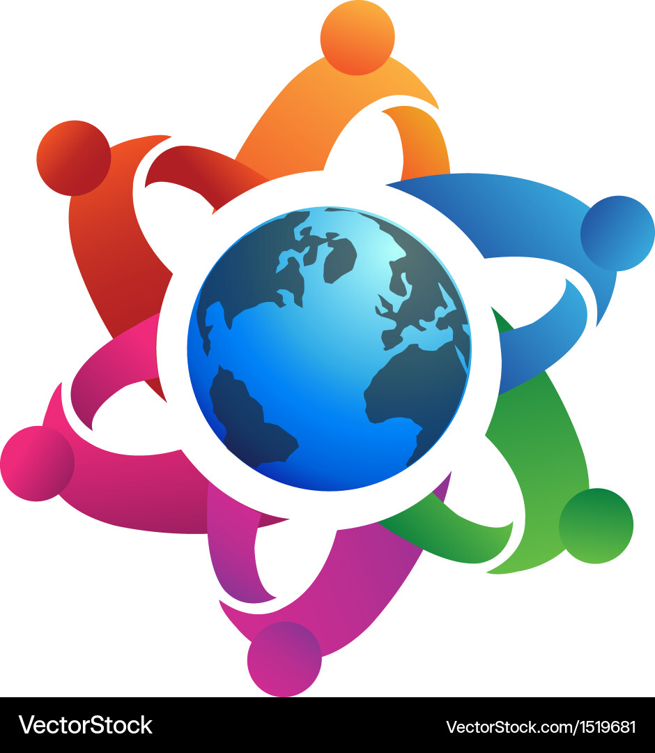 Teamwork around globe logo Royalty Free Vector Image