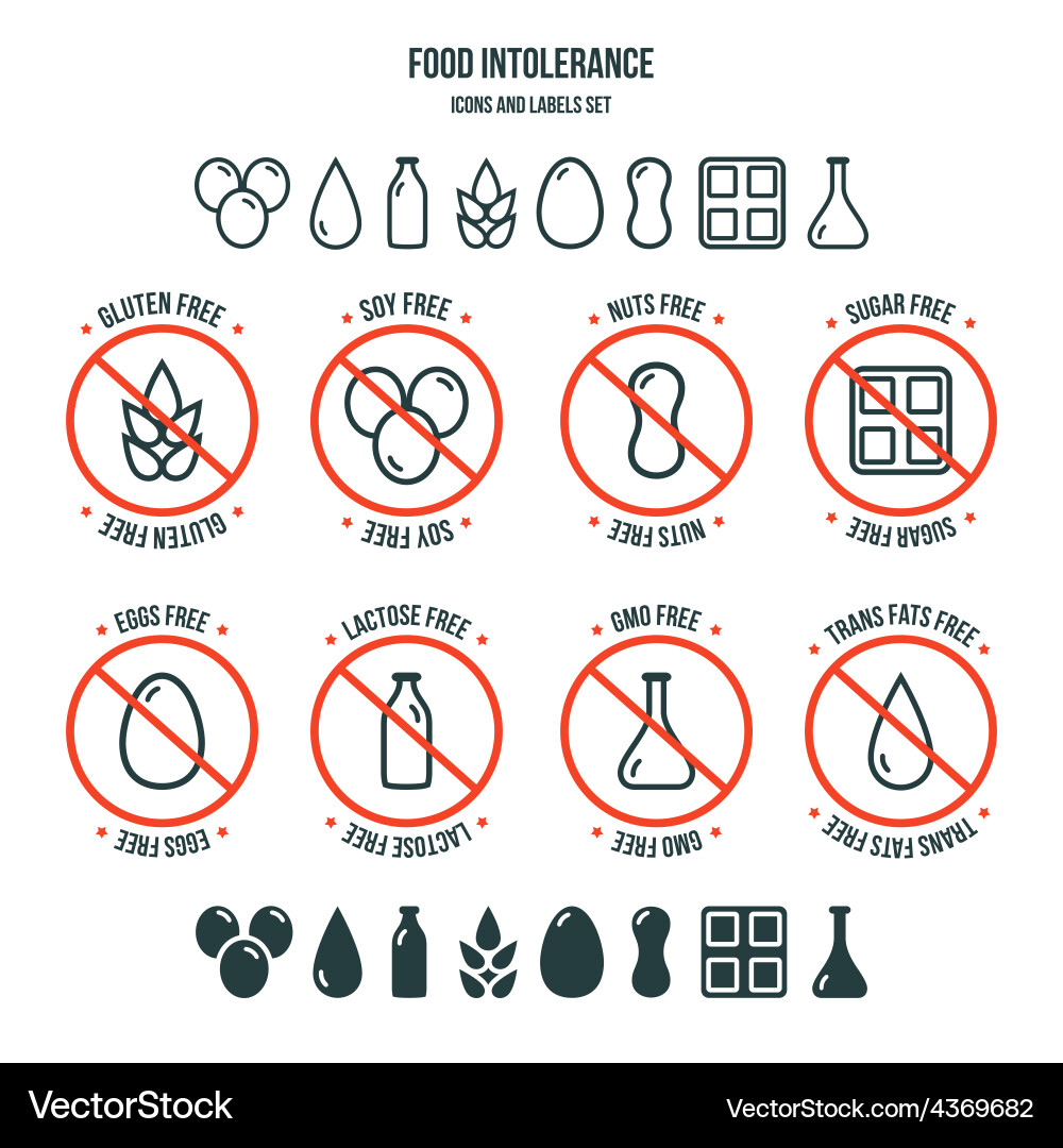 Food intolerance icons and labels set Royalty Free Vector