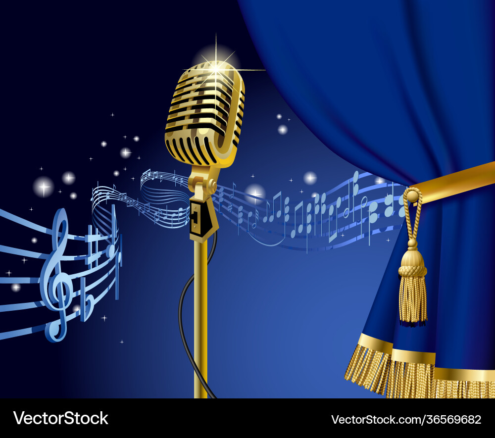 Gold retro microphone on starry space Royalty Free Vector