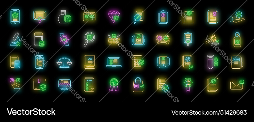 Regulated products icons set neon Royalty Free Vector Image