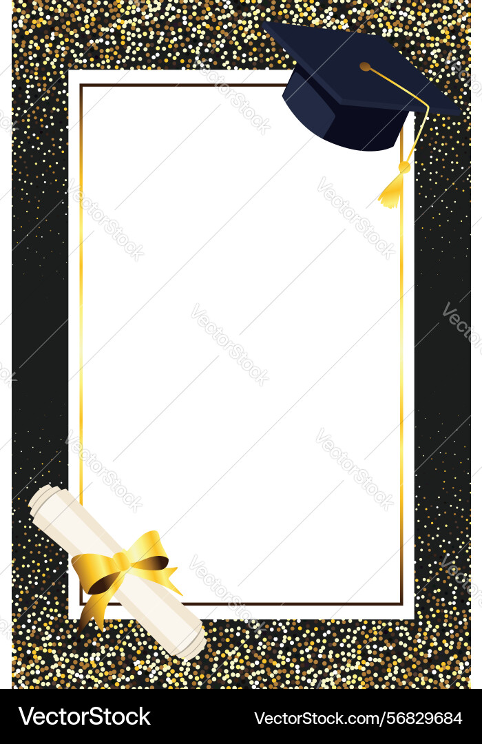 Gold glitter graduation frame with cap and diploma