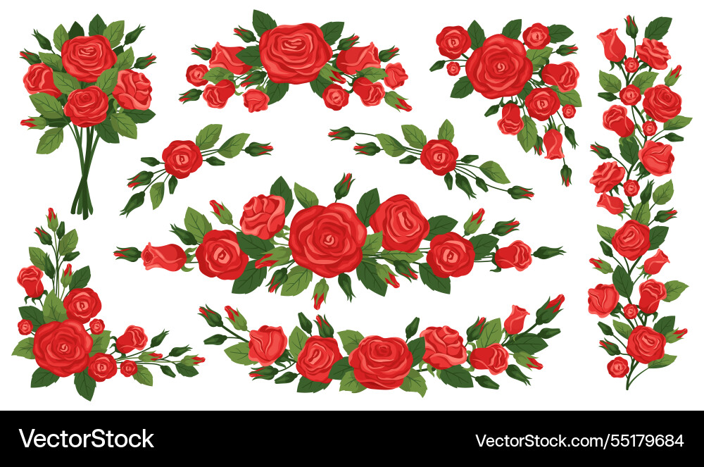 Red roses borders decorative floral elements Vector Image