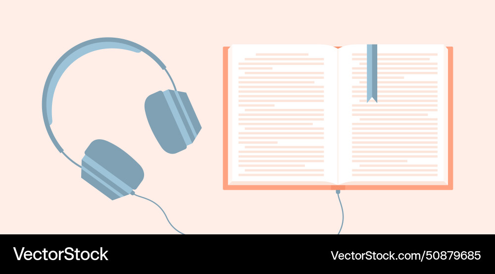 Headphones Connected To An Open Book Listening Vector Image