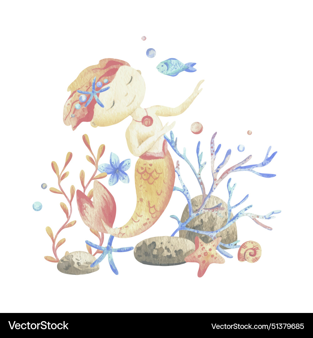 Mermaid little boy with sea corals algae shells Vector Image