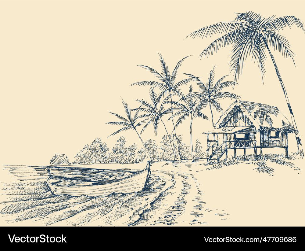 Beach drawing empty wooden boat on shore Vector Image