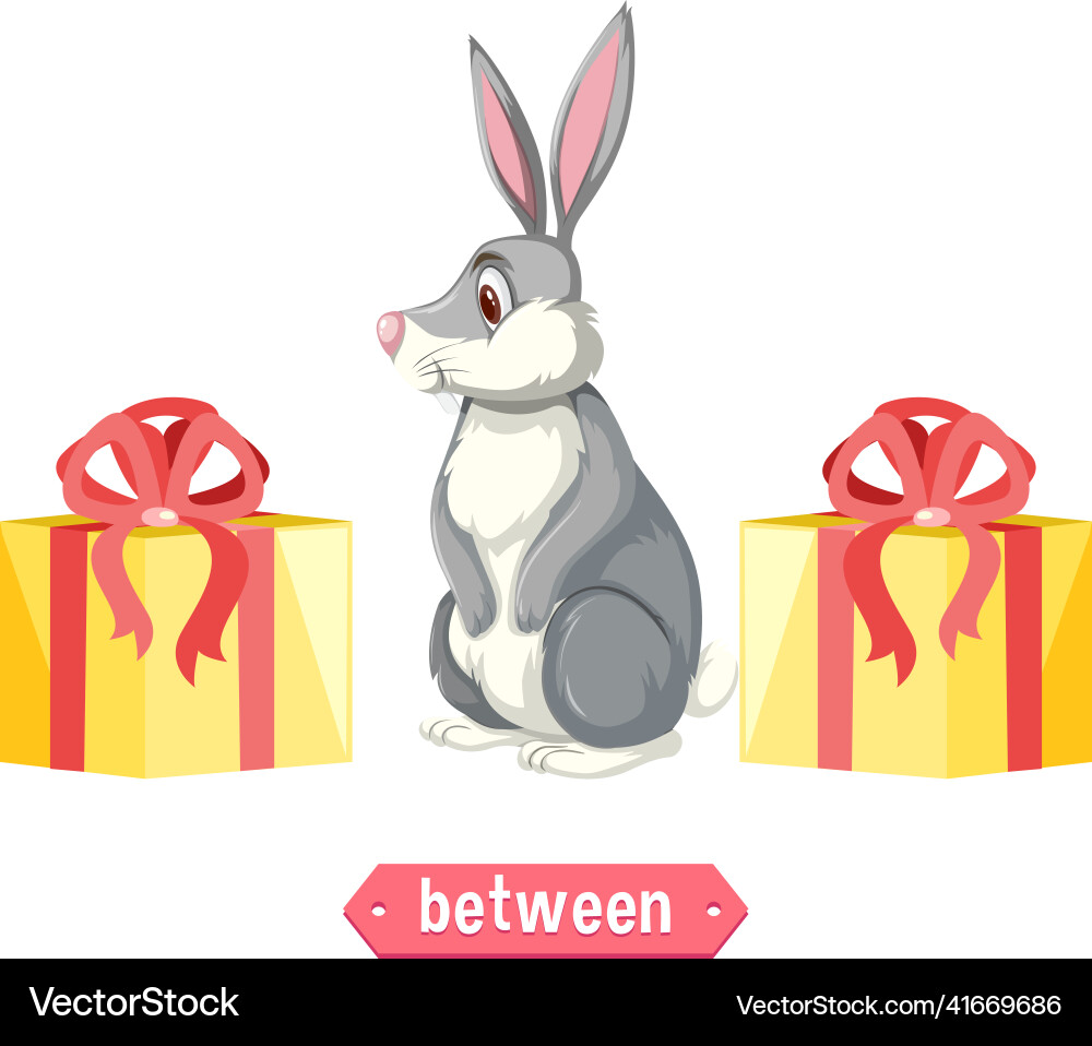 Preposition wordcard with bunny between boxes Vector Image
