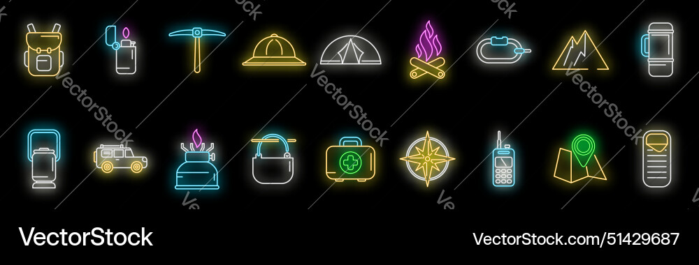 Expedition icons set neon Royalty Free Vector Image