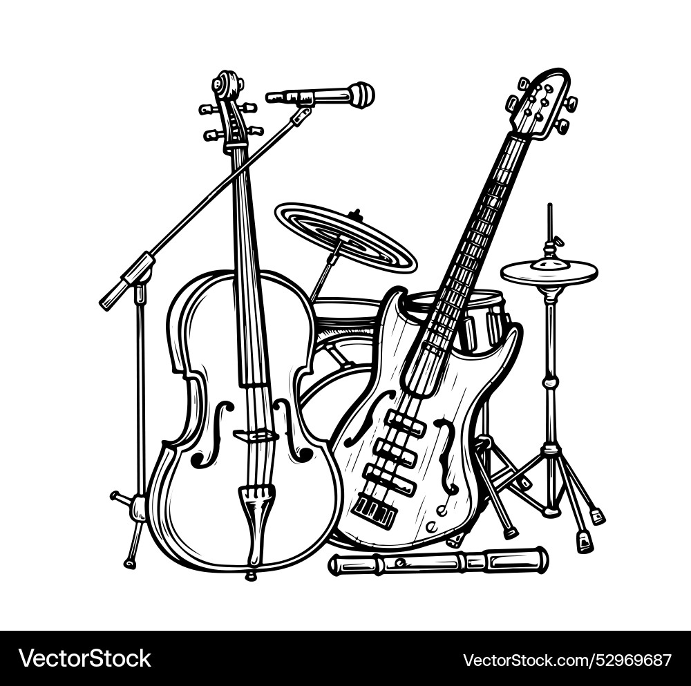Musical instruments sketch hand drawn Royalty Free Vector