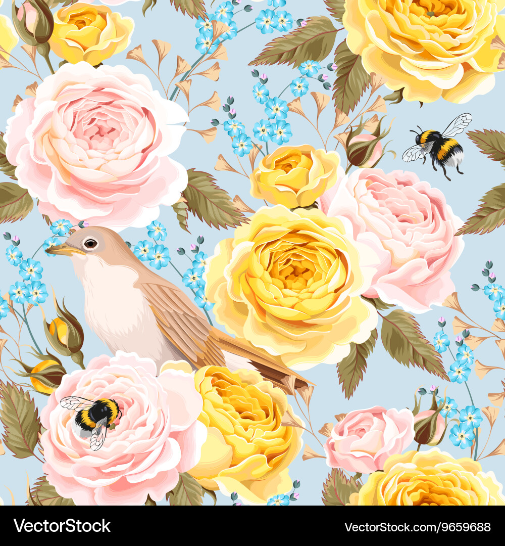 English roses and birds seamless Royalty Free Vector Image