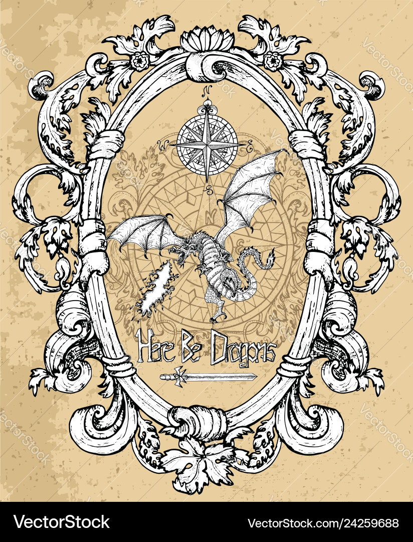 Epic dragon snorting fire with compass Royalty Free Vector