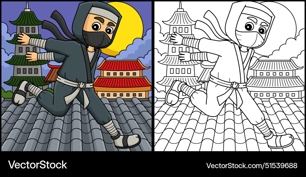 Ninja running coloring page colored Royalty Free Vector