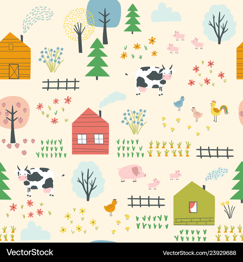 Seamless landscape pattern with village Royalty Free Vector