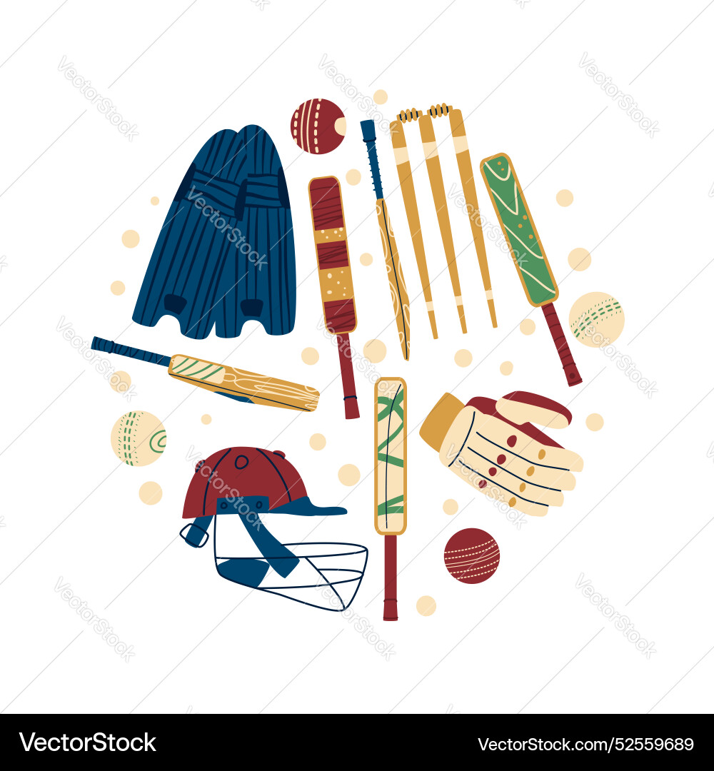 Cricket round composition sport equipment kit bat Vector Image