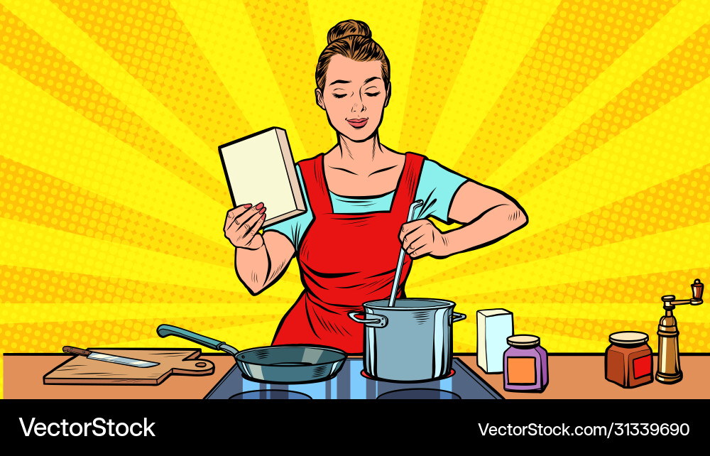 A woman cooks in kitchen Royalty Free Vector Image