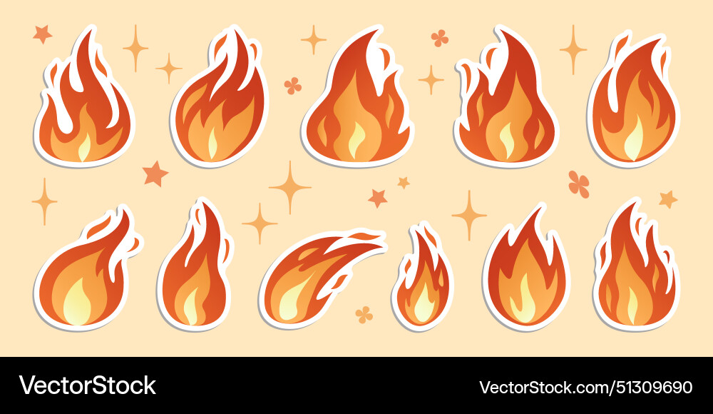 Fire flames stickers set trendy flat style Vector Image