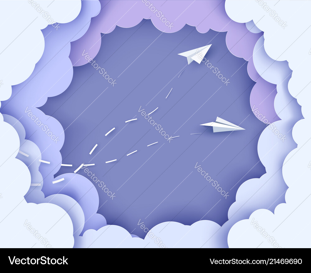 Flying paper airplanes on clouds background Vector Image