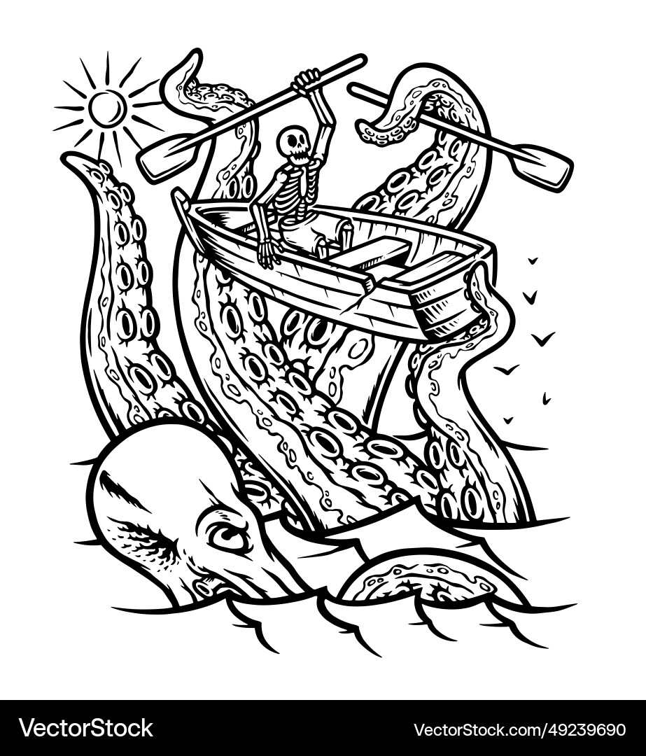 Riesen-Octopus-Angriff Schädel im Meer Lizenzfreier Vektor