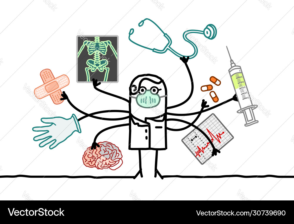 Multitasking cartoon doctor with many arms Vector Image