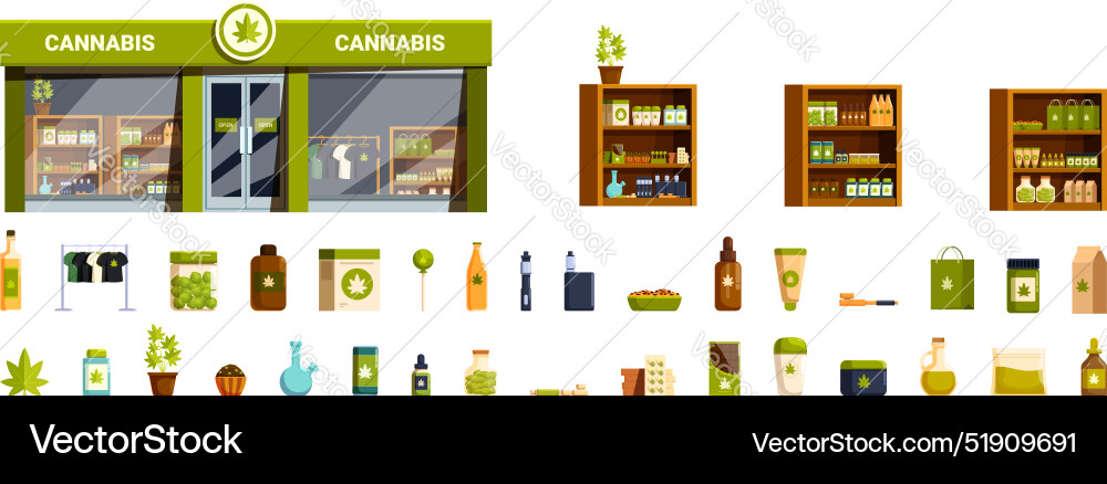 Cannabis store icons set exterior Royalty Free Vector Image
