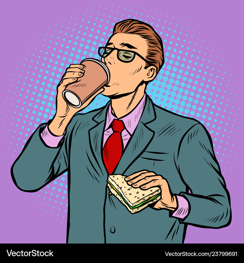 Man drinking coffee and eating sandwich Royalty Free Vector