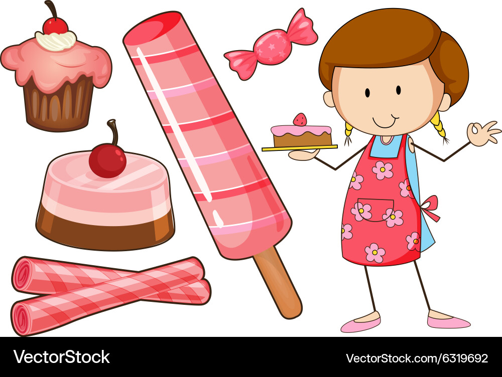 Baker and different kind of dessert Royalty Free Vector