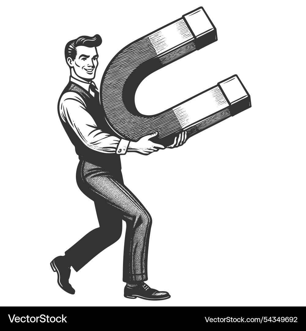 Man with giant magnet engraving Royalty Free Vector Image