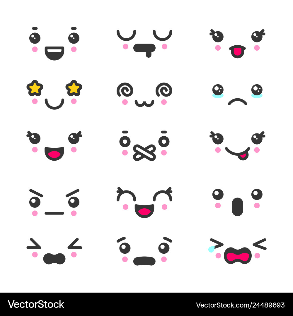 Kawaii cute faces emoticons icon set Royalty Free Vector