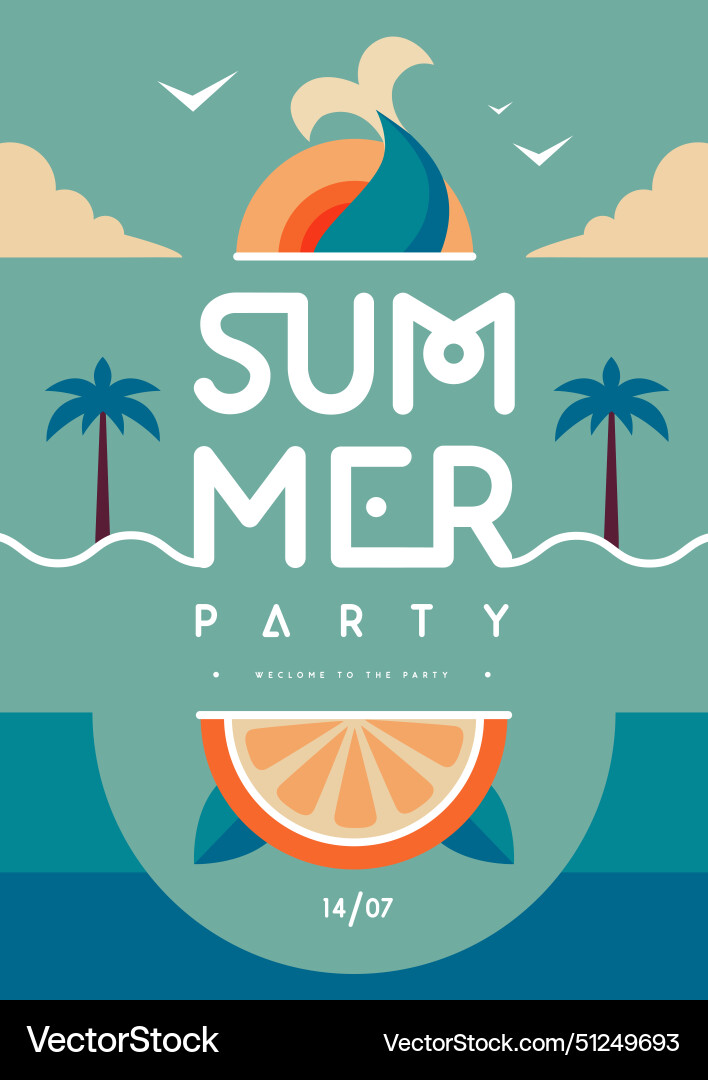 Retro flat summer disco party poster with mermaid Vector Image
