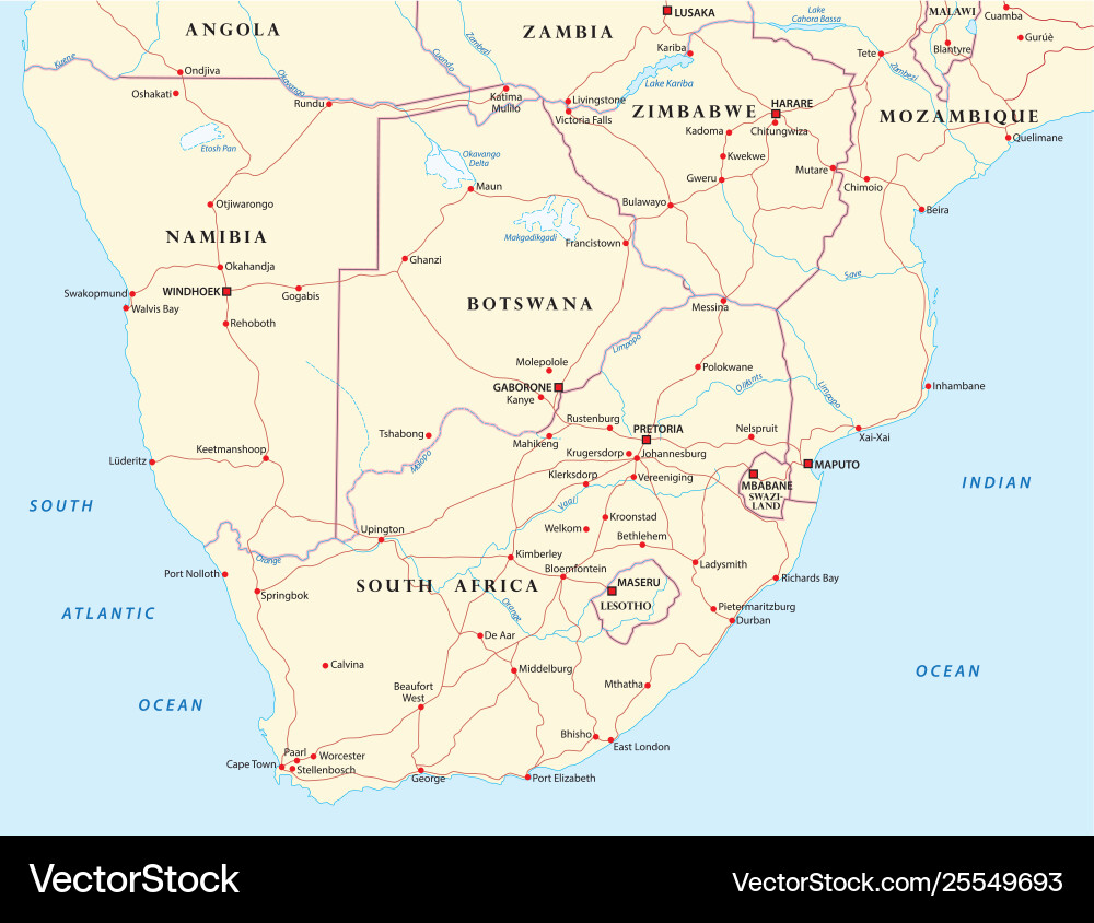Southern Africa Road Map Royalty Free Vector Image