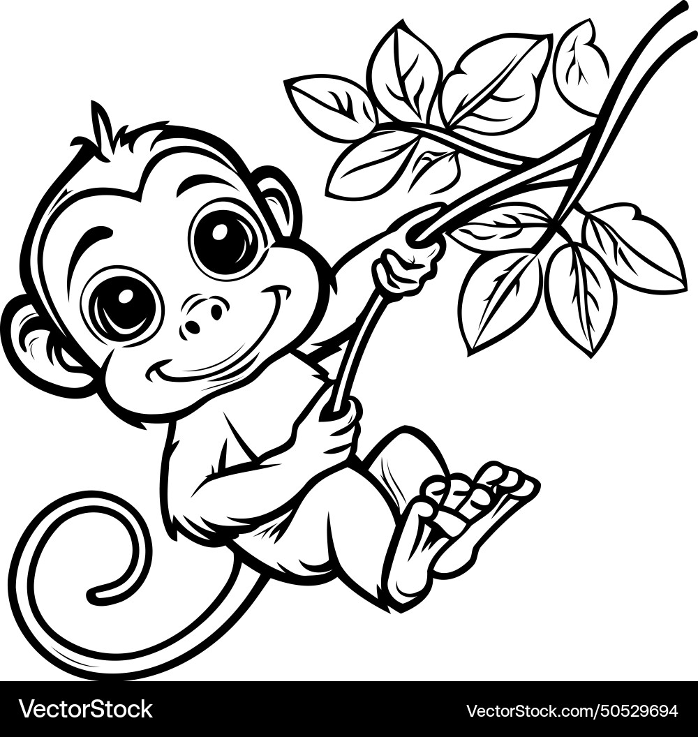 Monkey - black and white cartoon for coloring book
